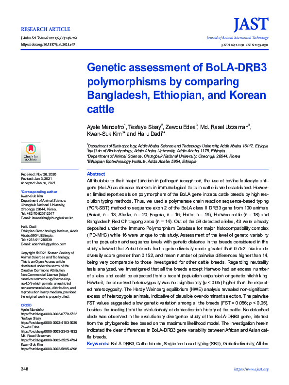 (PDF) Genetic assessment of BoLA-DRB3 polymorphisms by comparing ...