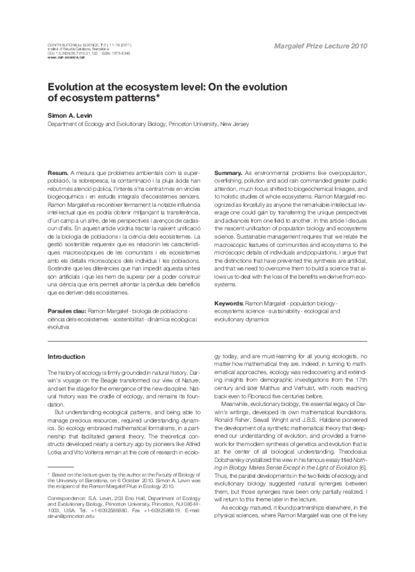 (PDF) Evolution the ecosystem level: On the evolution of ecosystem patterns