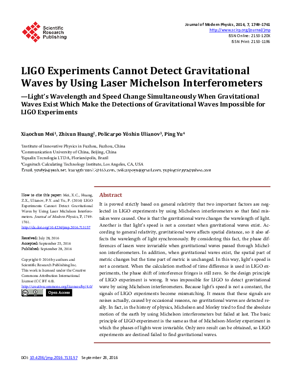 (PDF) LIGO Experiments Cannot Detect Gravitational Waves by Using Laser Michelson ...
