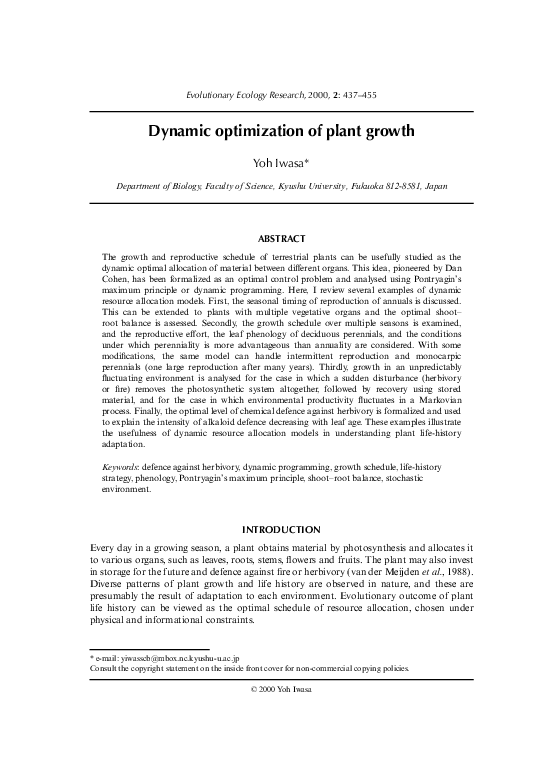 (PDF) Dynamic optimization of plant growth | Simon Levin - Academia.edu