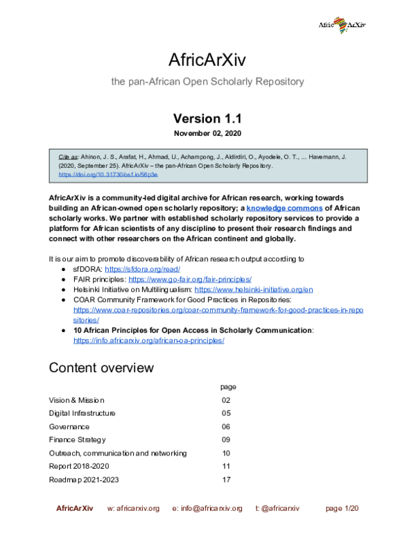 (PDF) AfricArXiv – the pan-African Open Scholarly Repository (Overview and Roadmap)