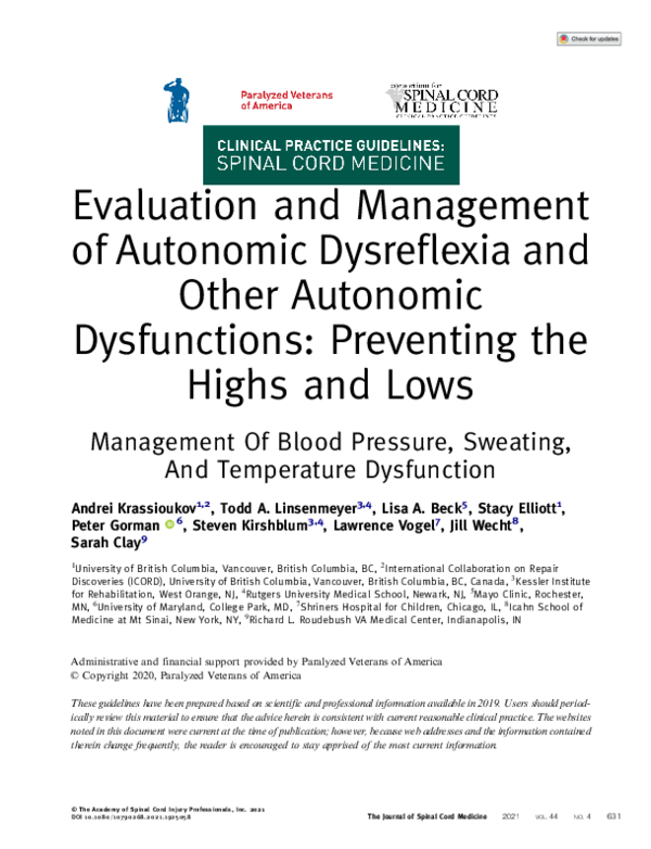 (PDF) Evaluation and Management of Autonomic Dysreflexia and Other ...