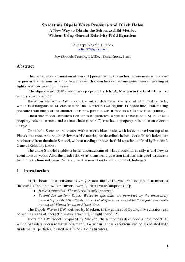 (PDF) Spacetime Dipole Wave Pressure and Black Holes A New Way to Obtain the Schwarzschild ...