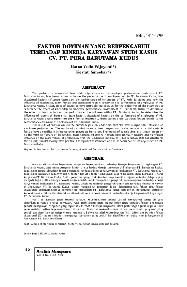 (PDF) Faktor Dominan yang Berpengaruh terhadap Kinerja Karyawan Studi ...