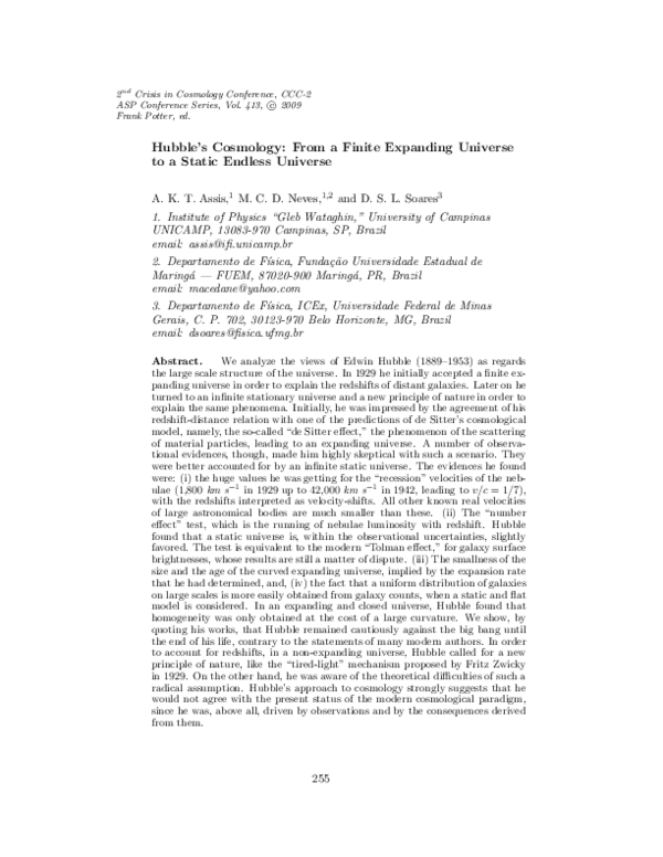 (PDF) Hubble's Cosmology: From a Finite Expanding Universe to a Static ...