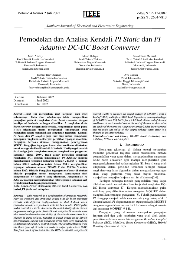(PDF) Pemodelan dan Analisa Kendali PI Static dan PI Adaptive DC-DC Boost Converter