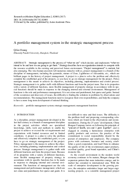 (PDF) A portfolio management system in the strategic management process