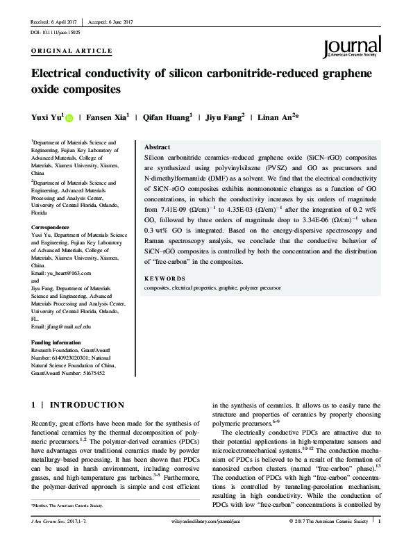(PDF) Electrical conductivity of silicon carbonitride‐reduced graphene ...