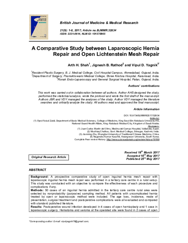 (PDF) A Comparative Study between Laparoscopic Hernia Repair and Open Lichtenstein Mesh Repair ...