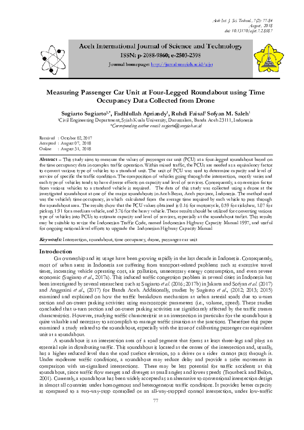 (PDF) Measuring Passenger Car Unit (PCU) at Four Legged Roundabout ...