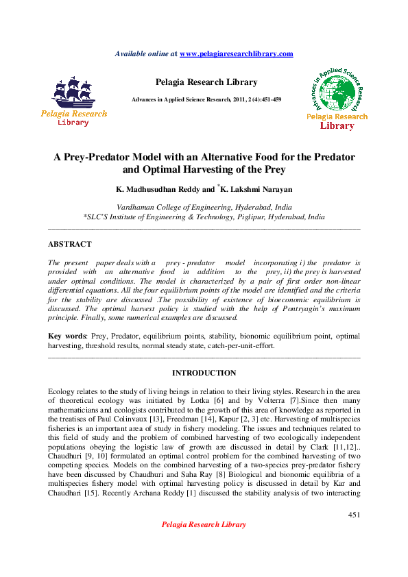 Pdf A Prey Predator Model With An Alternative Food For The Predator And Optimal Harvesting Of