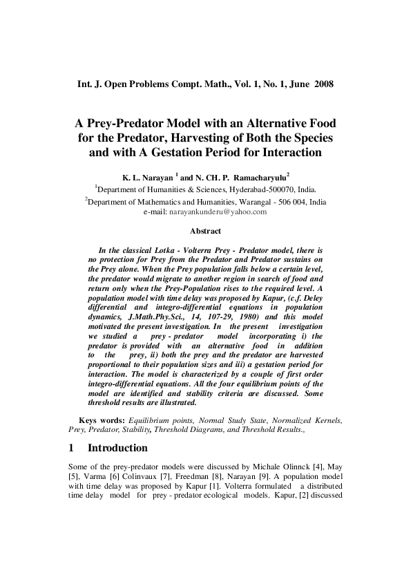 (PDF) A Prey-Predator Model with an Alternative Food for the Predator ...