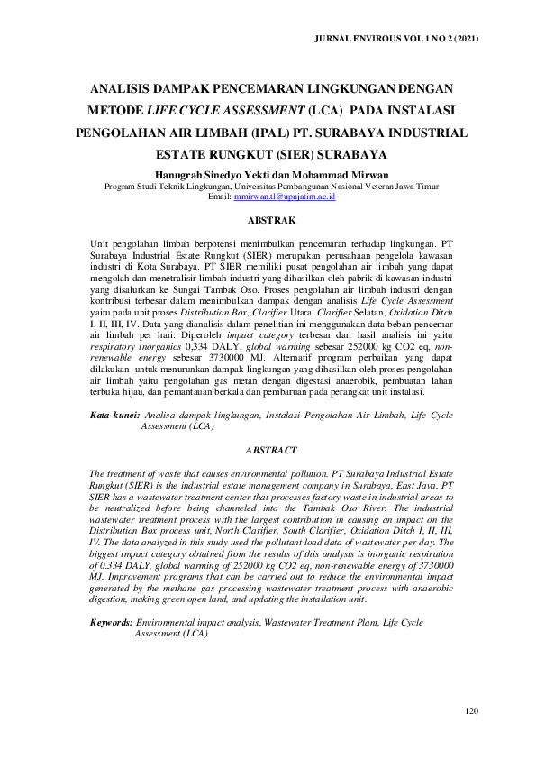 (PDF) Analisis Dampak Pencemaran Lingkungan Dengan Metode Life Cycle Assessment (Lca) Pada ...