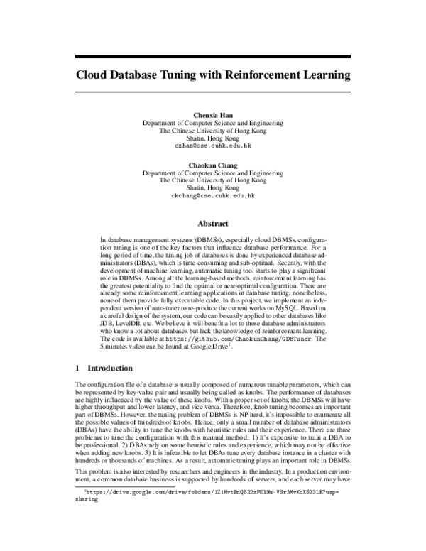 Pdf Cloud Database Tuning With Reinforcement Learning