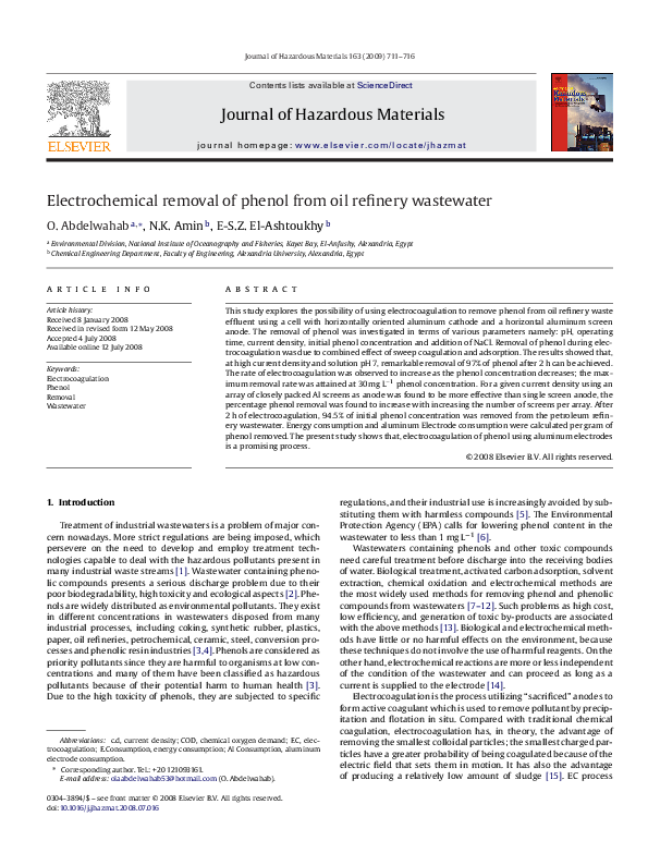 (PDF) Electrochemical removal of phenol from oil refinery wastewater