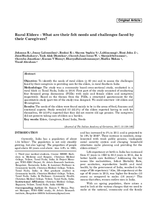 (PDF) Rural Elders – What are their felt needs and challenges faced by ...