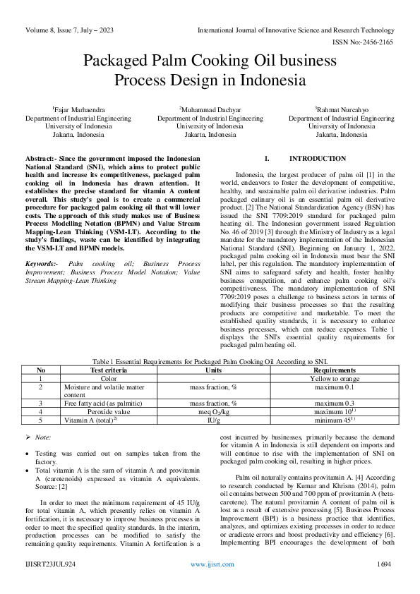 (PDF) Packaged Palm Cooking Oil business Process Design in Indonesia