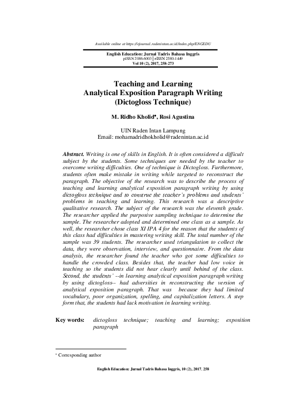 (PDF) Teaching and Learning Analytical Exposition Paragraph Writing (Dictogloss Technique)