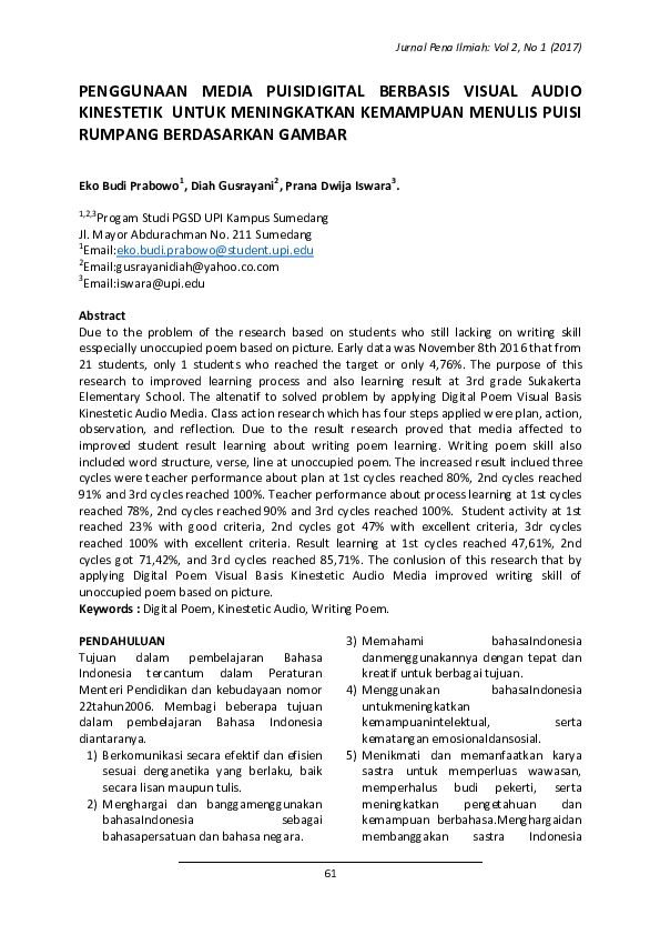 Penggunaan Media Puisi Digital Berbasis Visual Audio Kinestetik Untuk Meningkatkan Kemampuan ...