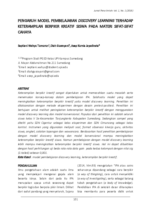 (PDF) Pengaruh Model Pembelajaran Discovery Learning Terhadap Keterampilan Berpikir Kreatif ...