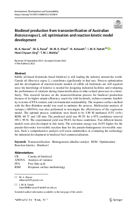 (PDF) Biodiesel production from transesterification of Australian ...