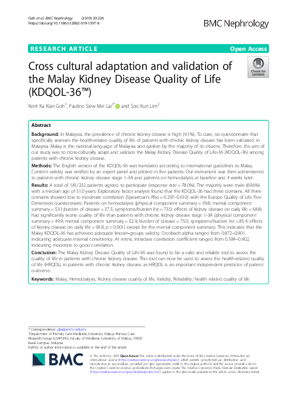 Pdf Cross Cultural Adaptation And Validation Of The Malay Health