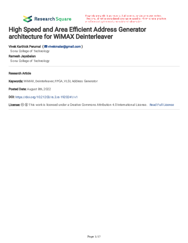 (PDF) High Speed and Area Efficient Address Generator architecture for WiMAX Deinterleaver