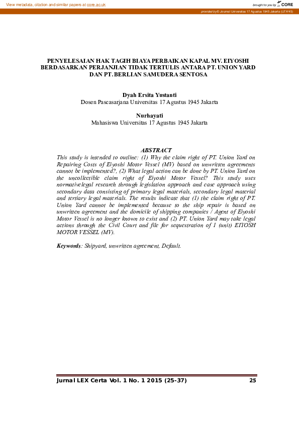 (PDF) Penyelesaian Hak Tagih Biaya Perbaikan Kapal MV. Eiyoshi ...