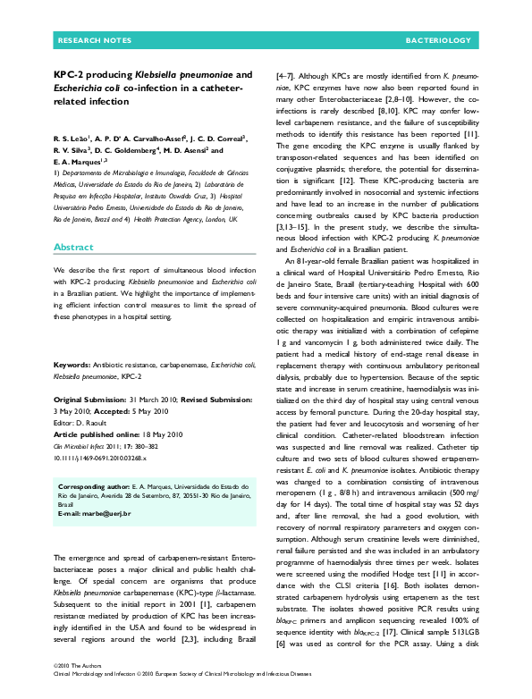 (PDF) KPC-2 producing Klebsiella pneumoniae and Escherichia coli co-infection in a catheter ...