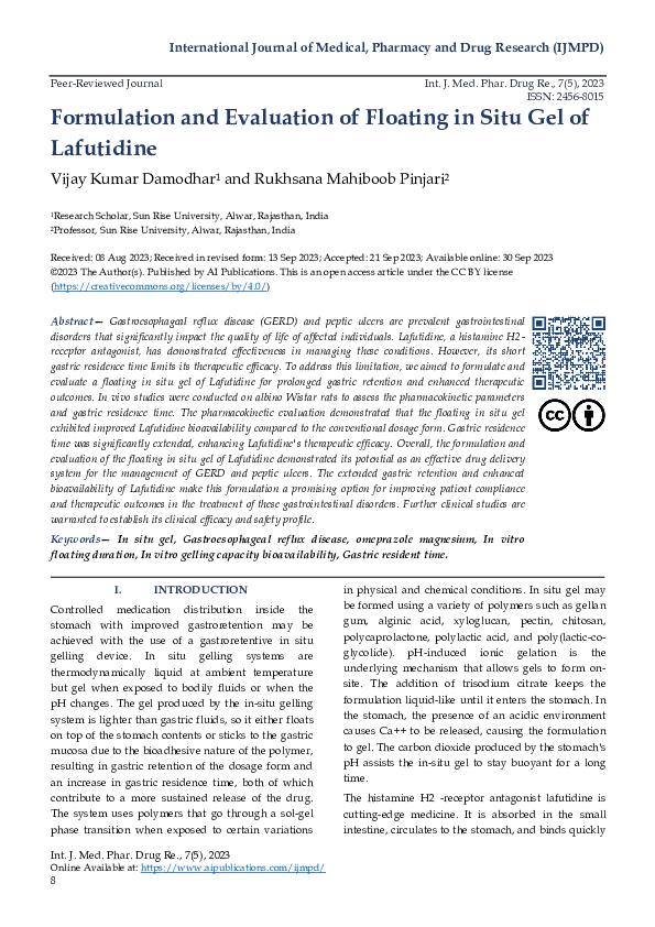 Pdf Formulation And Evaluation Of Floating In Situ Gel Of Lafutidine