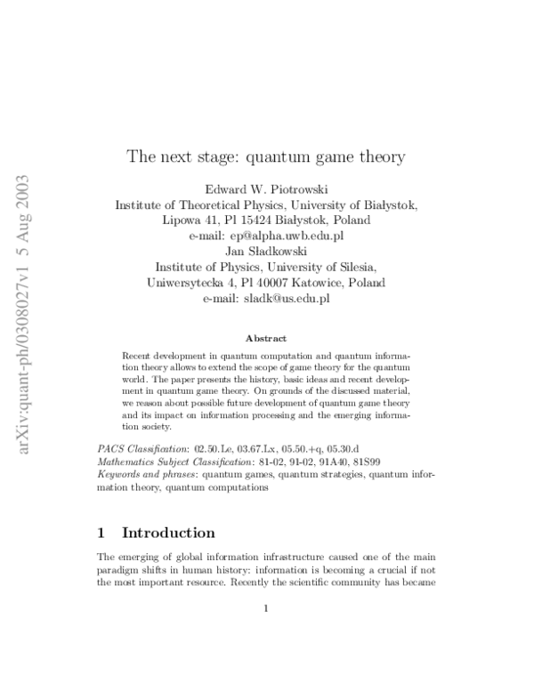 (PDF) The next stage: quantum game theory