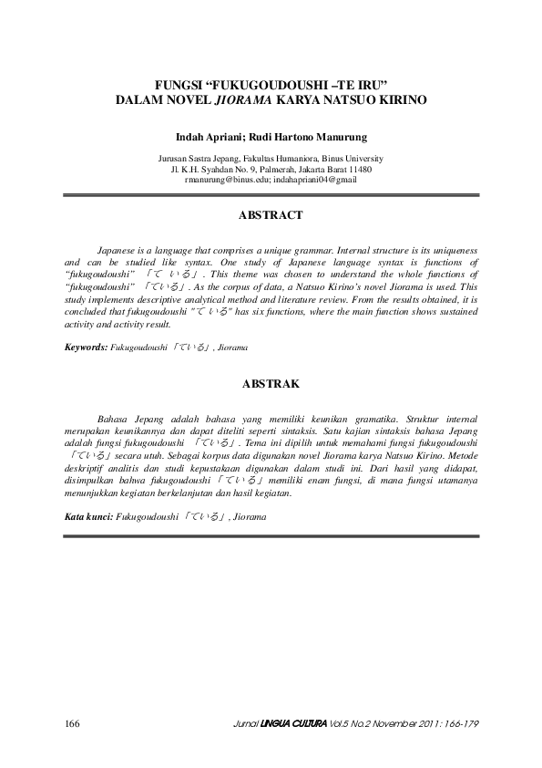 (PDF) Fungsi “Fukugoudoushi –Te Iru” Dalam Novel Jiorama Karya Natsuo ...