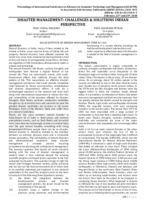 (PDF) Disaster Management: Challenges & Solutions Indian Perspective