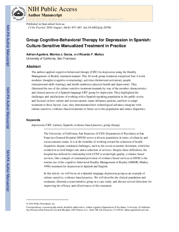 (PDF) Group cognitive-behavioral therapy for depression in Spanish: culture-sensitive manualized ...