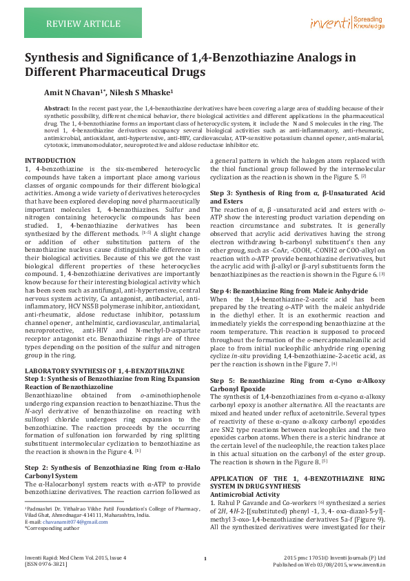 Synthesis and Significance of 1,4-Benzothiazine Analogs in Different ...