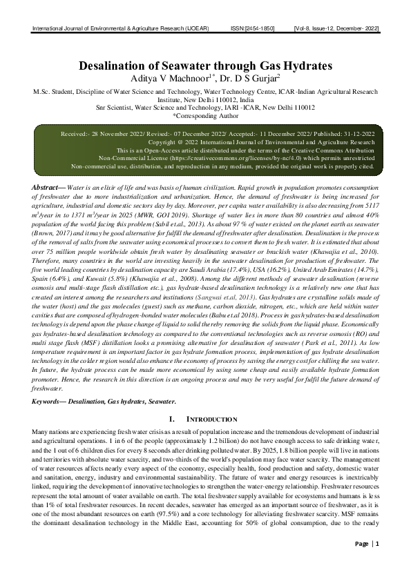 (PDF) Desalination of Seawater through Gas Hydrates