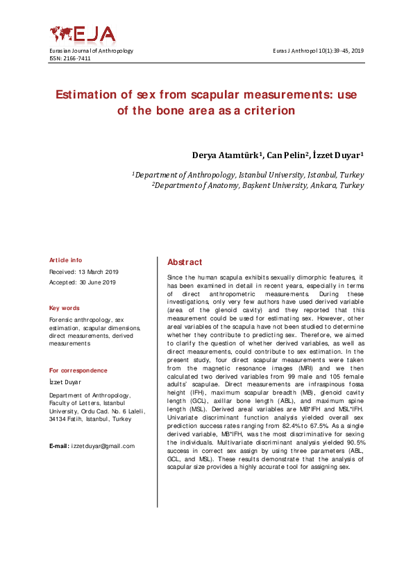 Pdf Estimation Of Sex From Scapular Measurements Use Of The Bone
