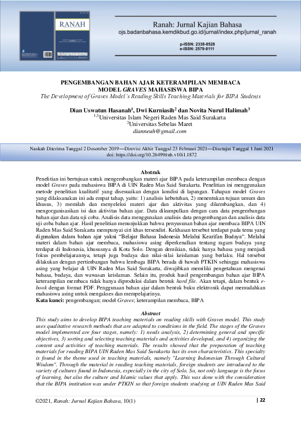 (PDF) Pengembangan Bahan Ajar Keterampilan Membaca Model Graves Mahasiswa BIPA