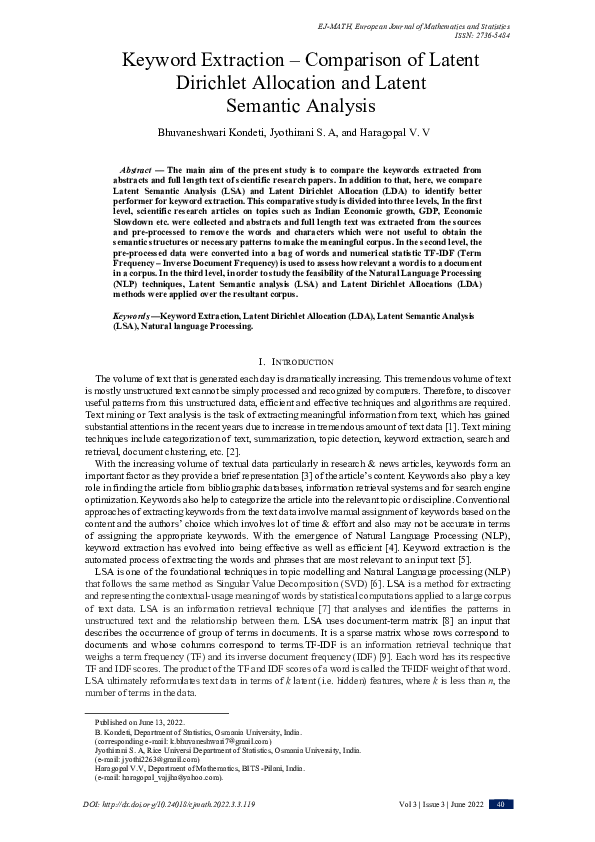 (PDF) Keyword Extraction – Comparison of Latent Dirichlet Allocation and Latent Semantic Analysis