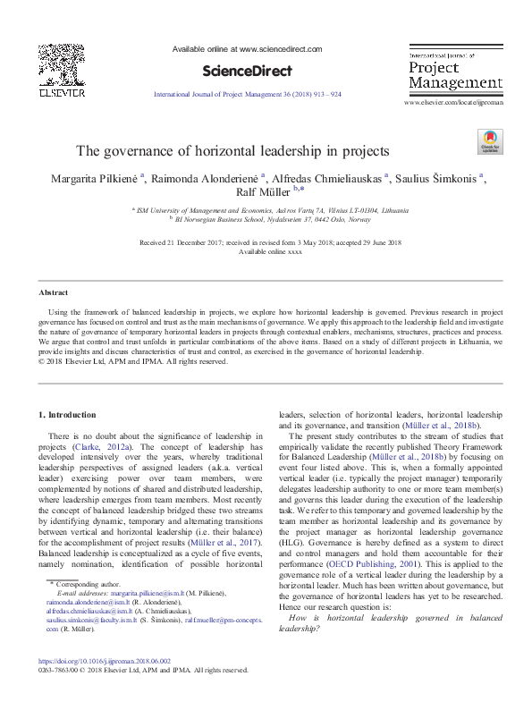 (PDF) The governance of horizontal leadership in projects