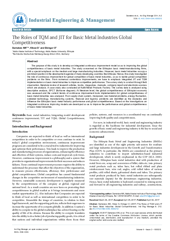 (PDF) The Roles of TQM and JIT For Basic Metal Industries Global Competitiveness | Daniel Kitaw ...