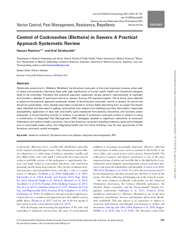 (PDF) Control of Cockroaches (Blattaria) in Sewers: A Practical ...