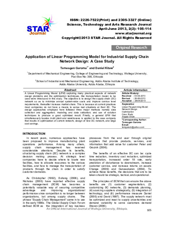 (PDF) Application of Linear Programming Model for Industrial Supply Chain Network Design: A Case ...