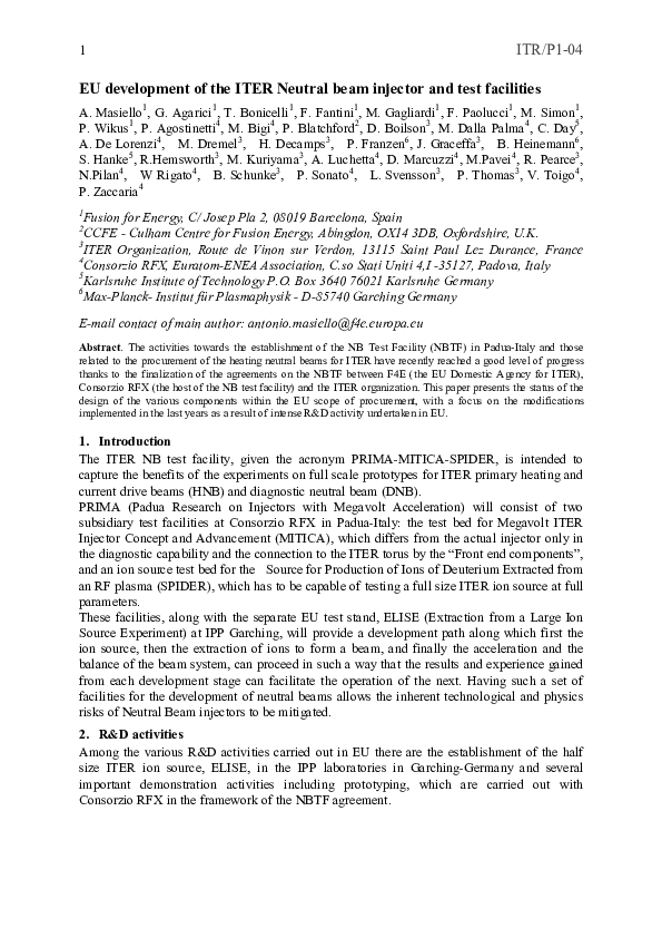 (PDF) EU development of the ITER neutral beam injector and test facilities