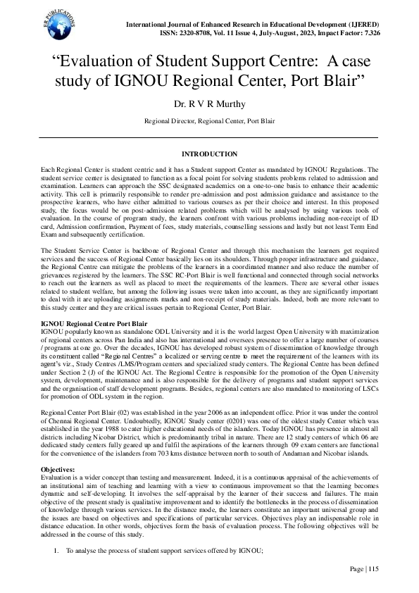 (PDF) "Evaluation of Student Support Centre: A case study of IGNOU Regional Center, Port Blair"