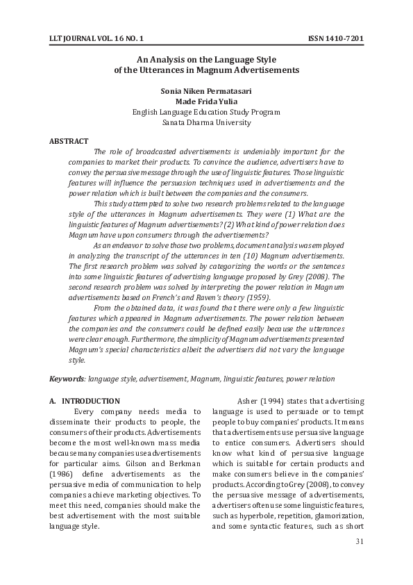 (PDF) An Analysis on the Language Style of the Utterances in Magnum Advertisements