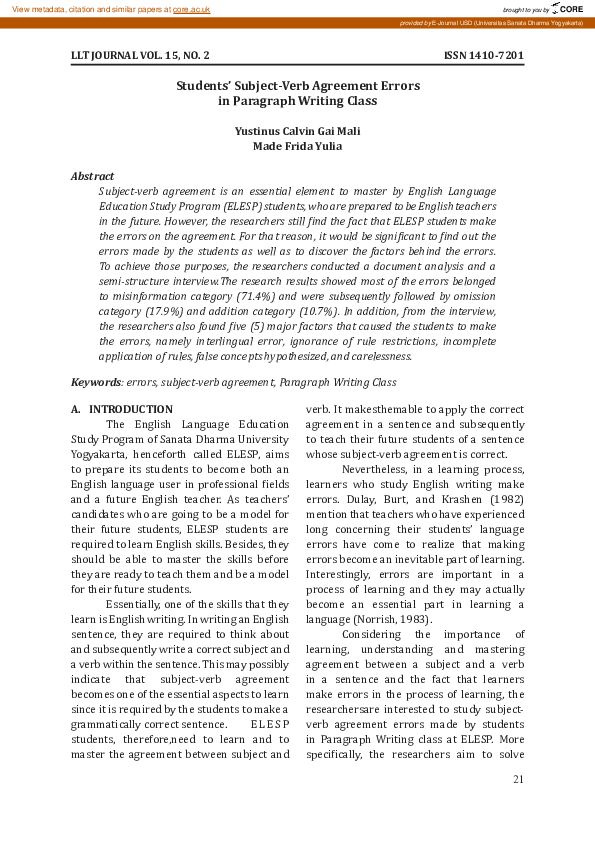 (PDF) Students Subject-Verb Agreement Errors in Paragraph Writing Class