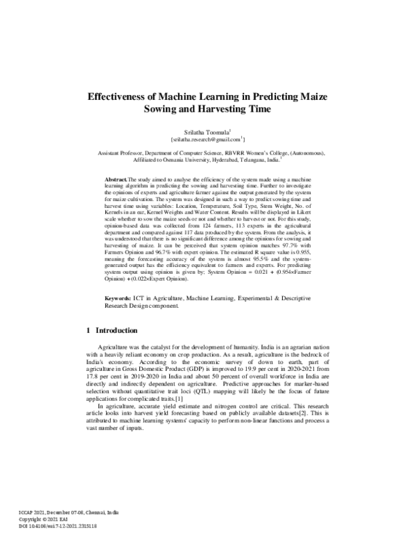 (PDF) Effectiveness of Machine Learning in Predicting Maize Sowing and Harvesting Time