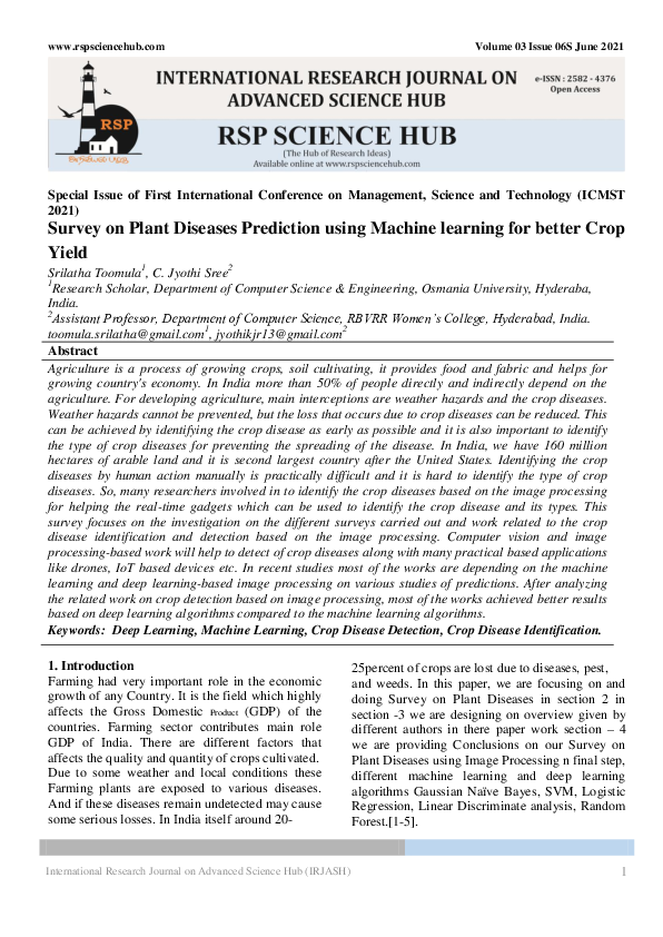 Pdf Survey On Plant Diseases Prediction Using Machine Learning For Better Crop Yield
