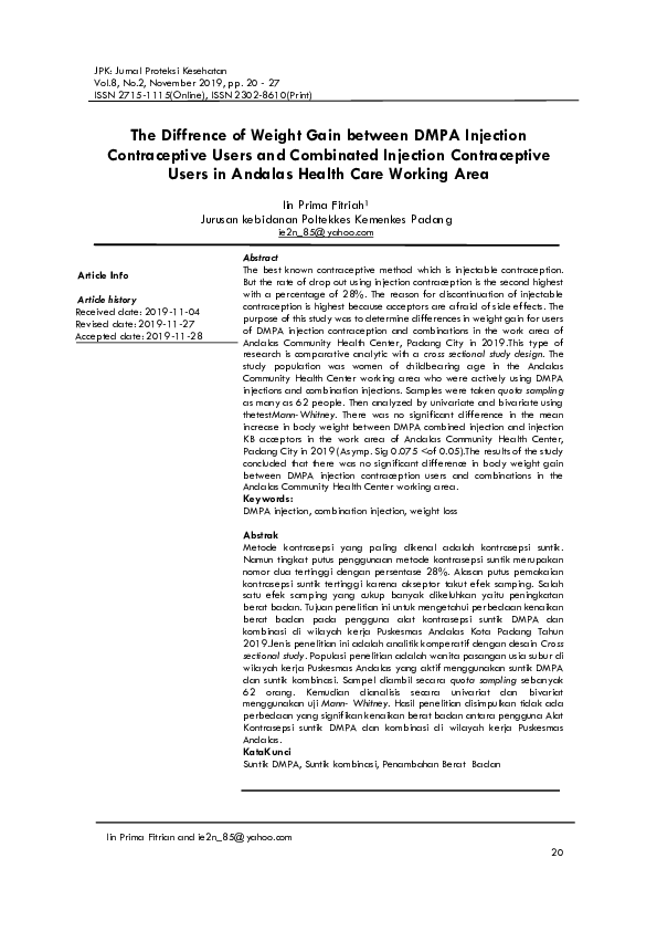 (PDF) The Diffrence of Weight Gain between DMPA Injection Contraceptive ...